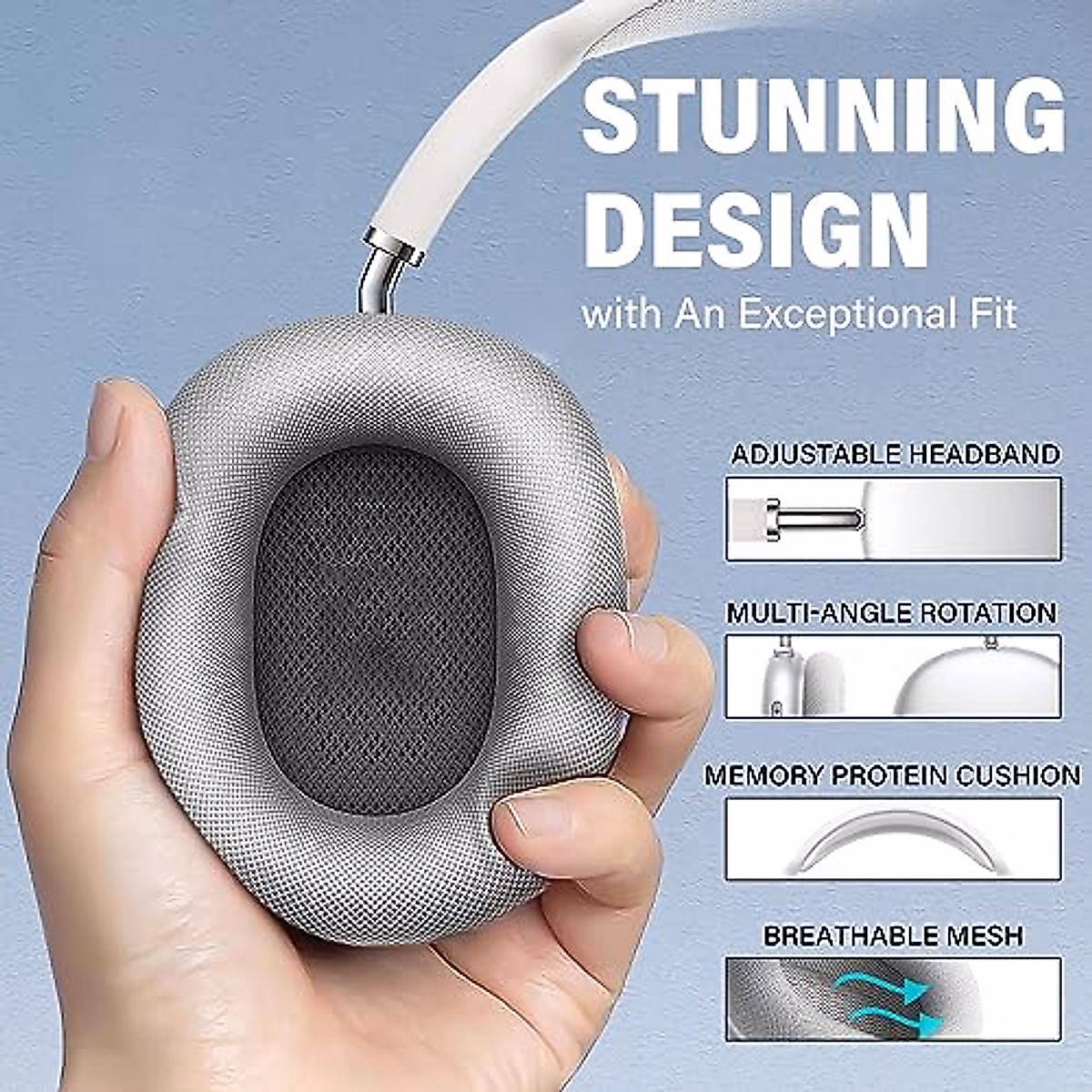 Peakfun Pro Wireless Bluetooth Headphones Active Noise Cancelling Over-Ear Headphones with Microphones, 42 Hours Playtime, HiFi Audio Adjustable Headphones for iPhone/Android/Samsung - Silver