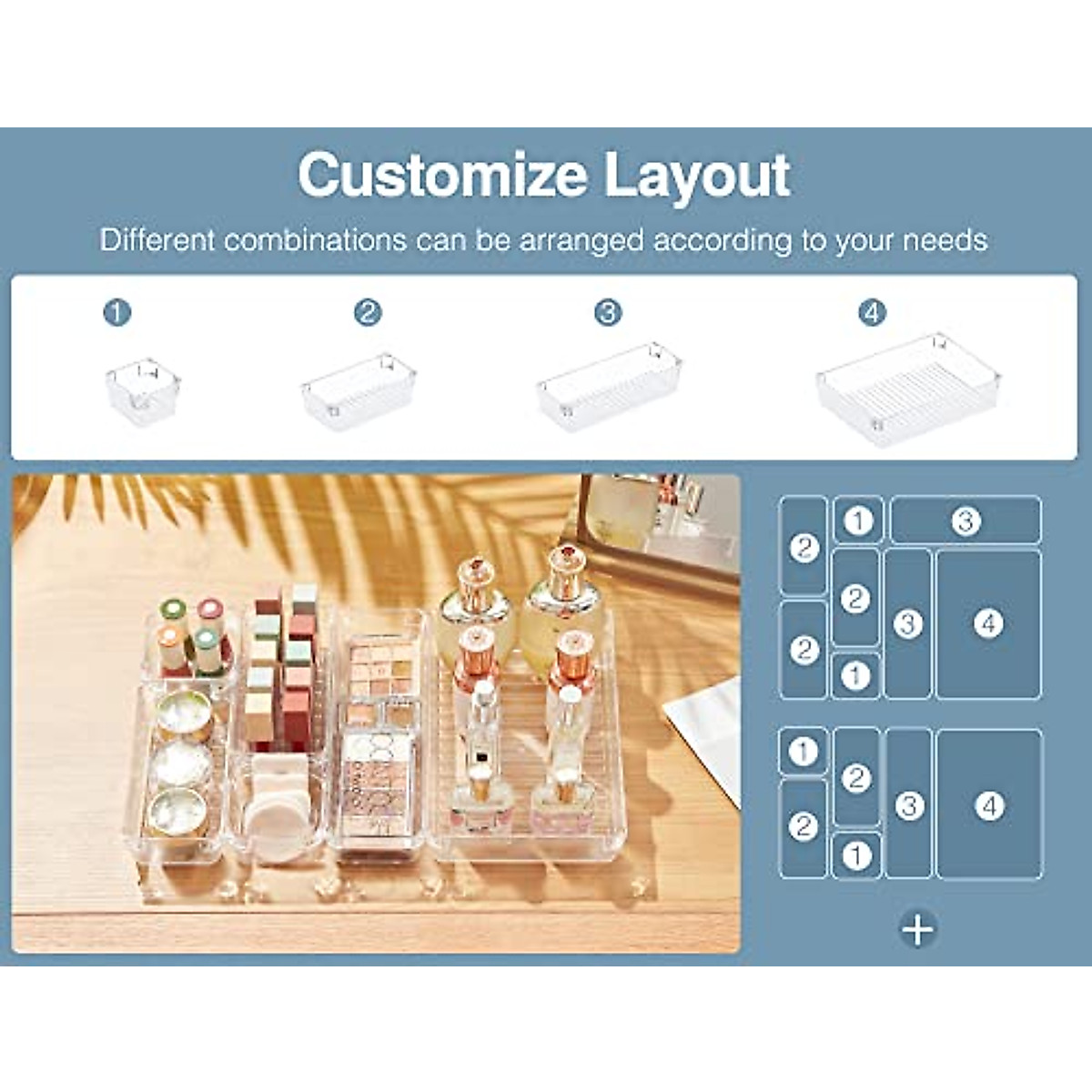 Puroma 18Pcs Drawer Organizer Set 4-size Versatile Vanity and Bathroom Drawer Organizers, Clear Plastic Desk Drawer Organizer Trays and Customize Layout Storage Bins for Makeup Kitchen Office (Clear)