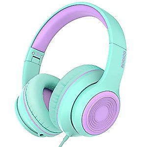 RORSOU K9 Kids Headphones with Microphone, Folding Stereo Bass Headset with 1.5M No-Tangle Cord for Children/Teens/School/Adults, Portable Wired Headphones for Smartphone Tablet Computer MP3/4 (Green)