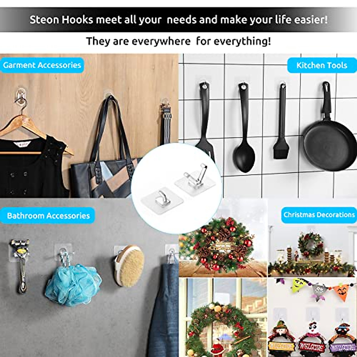 Steon Adhesive Hair Dryer Holder Wall Mount, Removable Blow Dryer Holder for Bathroom Easy to Reusable and Reset, 1 Hairdryer Holder + 4 Adhesive Hooks - No Drill and Damage Free