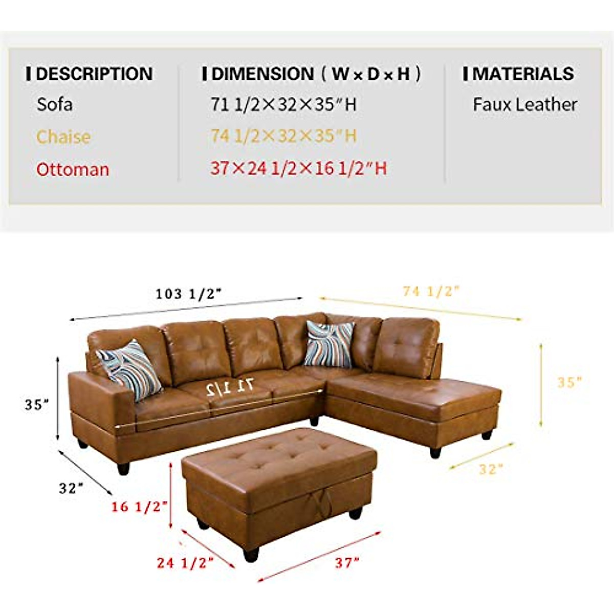 A Ainehome L-Shape Sectional Sofa Set, Ginger, Right Hand Facing, Tufted Leather, Storage Ottoman, Toss Pillows