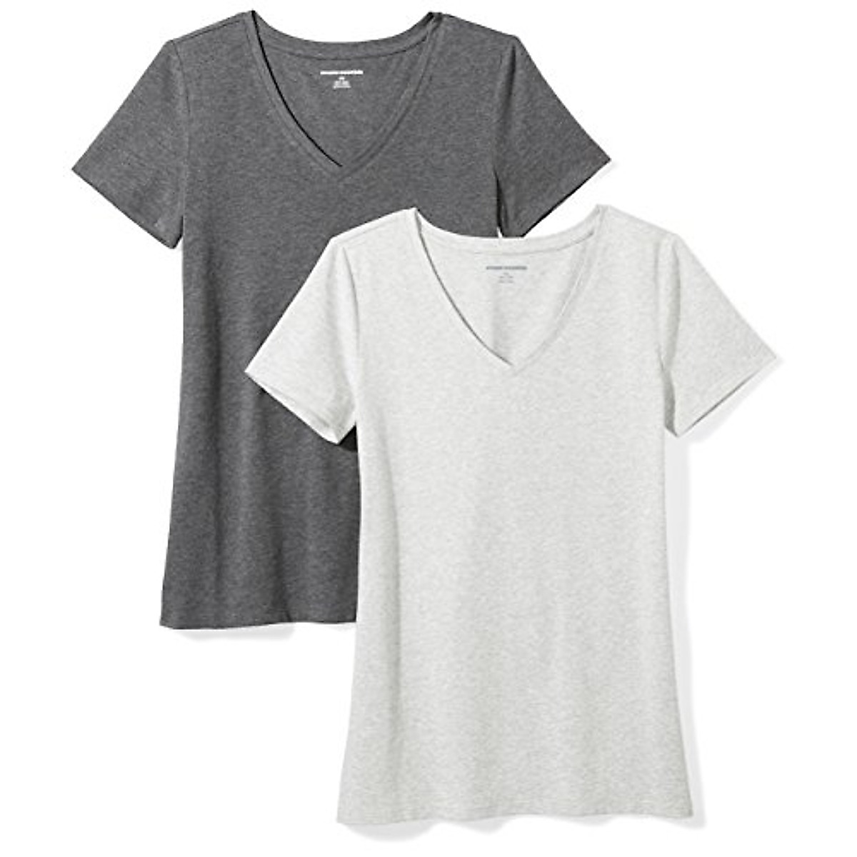 Amazon Essentials Women's Classic-Fit Short-Sleeve V-Neck T-Shirt, Pack of 2, Charcoal Heather/Light Grey Heather, Medium