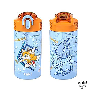 Zak Designs Sonic the Hedgehog Kids Water Bottle For School or Travel, 16oz 2-Pack Durable Plastic Water Bottle With Straw, Handle, and Leak-Proof, Pop-Up Spout Cover (Sonic, Tails)
