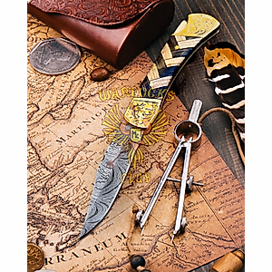 WARLOCKS CLUB Handmade Damascus Pocket Knife with Sheath, 7" Folding Hunting Knife with Wood Handle, Small Camping Knife for Outdoor