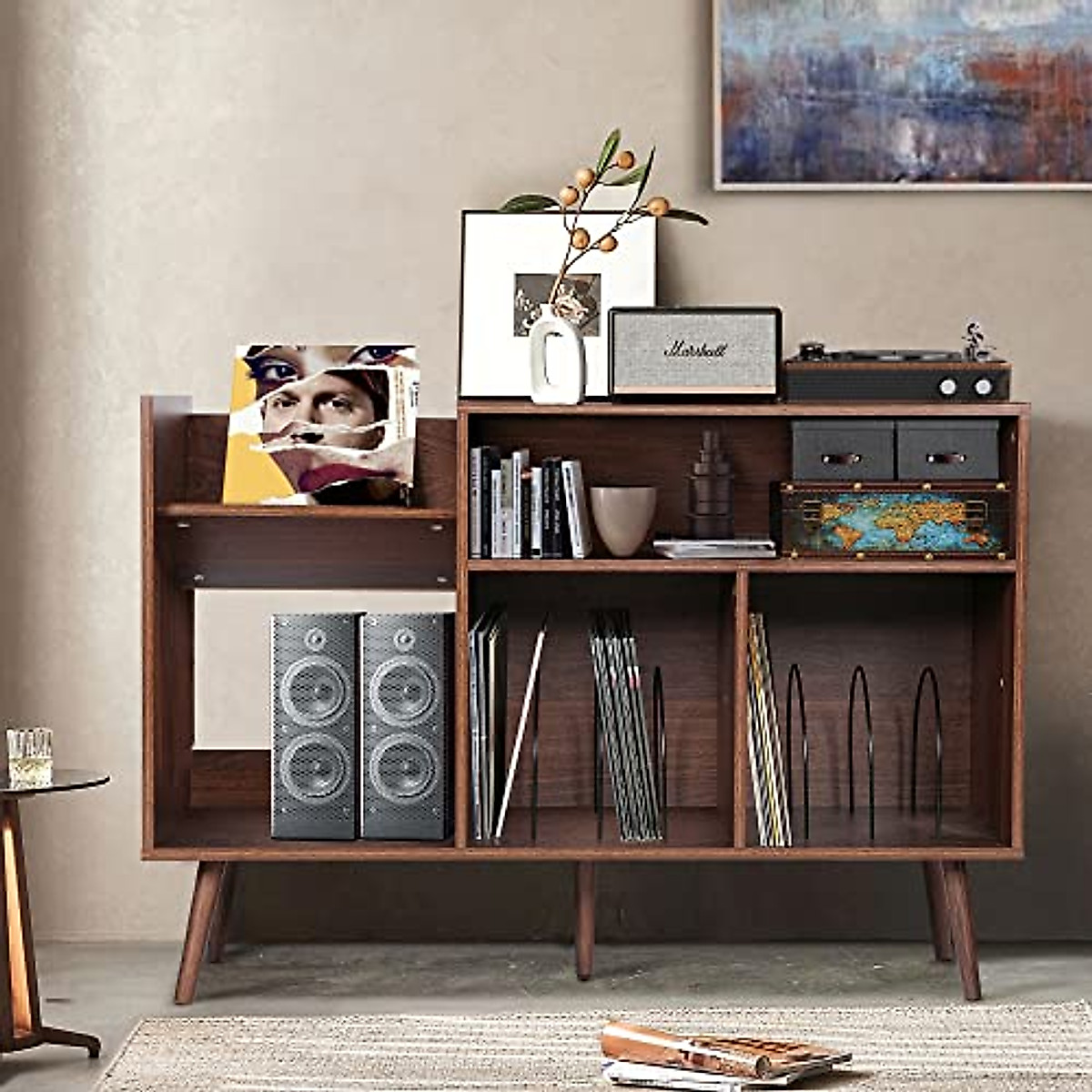 RARZOE Large Record Player Stand, Mid Century Concord Turntable Stand Table Holds Up to 350 Albums, Vinyl Record Storage Cabinet with Wood Legs for Living Room Office, Walnut Brown