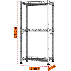 YOHKOH 3 Tier Storage Shelves Rack,16.6L x 11.5W x 32.5H Adjustable Metal Shelf Units,Steel Storage Wire Shelving,Closet,Kitchen,Home,Office with 5 Hooks Silver