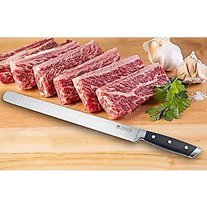 Saken 12-inch Granton Edge Slicing Knife - High-Carbon German Steel Carving Knife with Satin-Finished Black Ergonomic Handle - Multipurpose Slicing Kitchen Knife for Meat, Fish, Brisket, Veggies