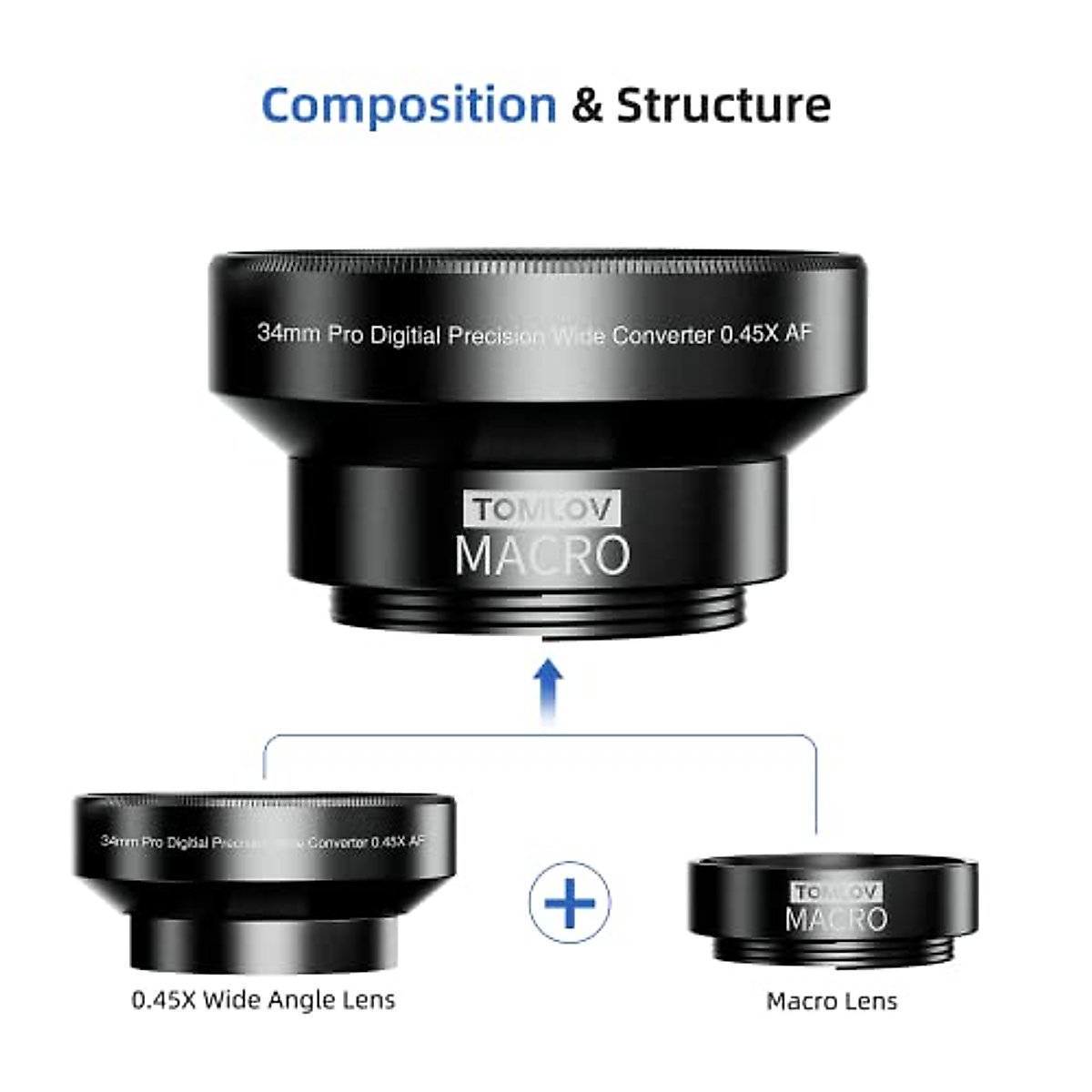 TOMLOV Digital Microscope Wide Angle Lens WL02,34MM Wide Angle 0.45x Converter Lens w/Macro Portion Pro Digital Precision Lens for Tomlov LCD Digital Microscope DM401 DM401 Pro DM402 Pro DM10 Camera