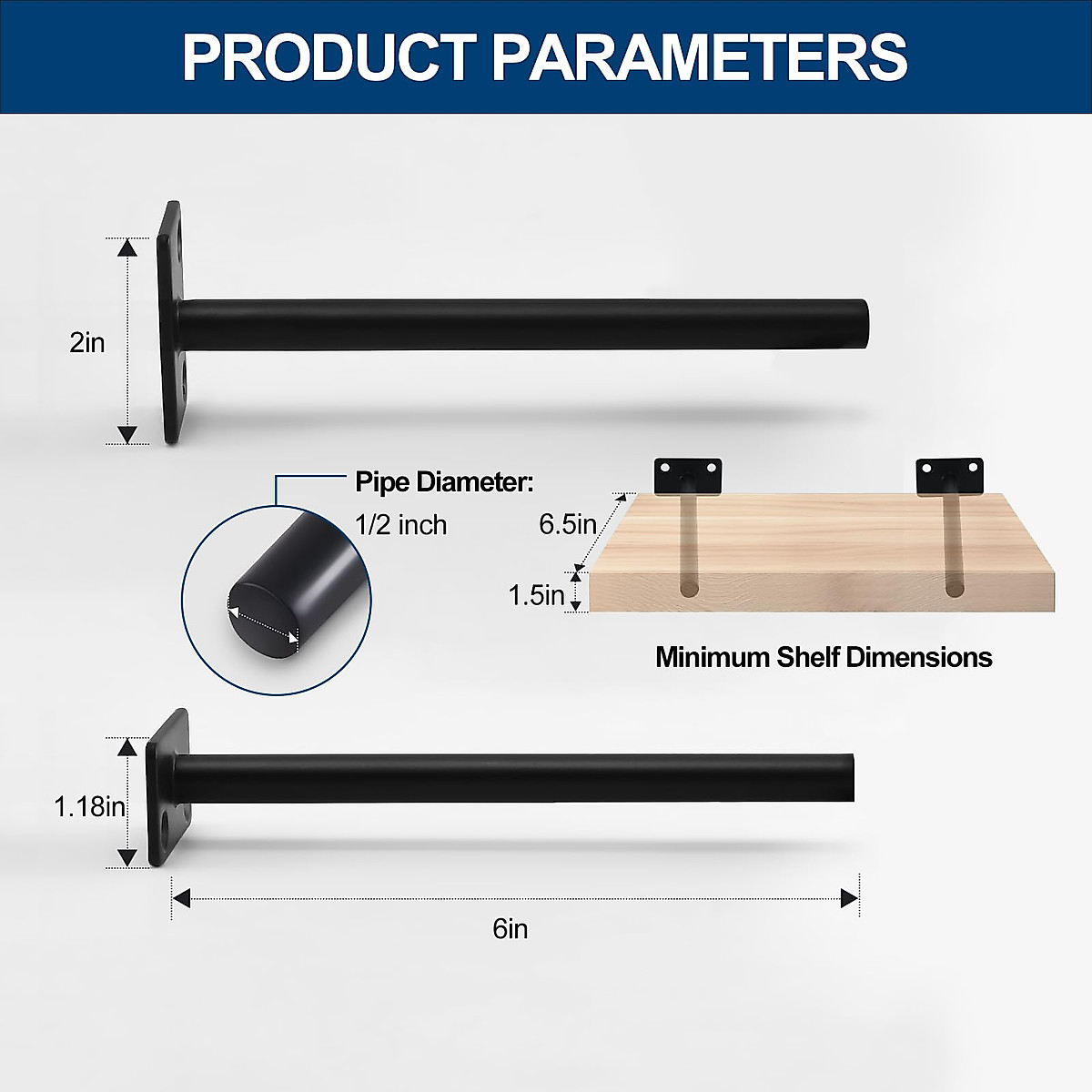 MHMYDZ 8 Pcs 6" Black Solid Steel Floating Shelf Bracket Blind Shelf Supports - Hidden Brackets for Floating Wood Shelves - Concealed Blind Shelf Support – Screws and Wall Plugs Included