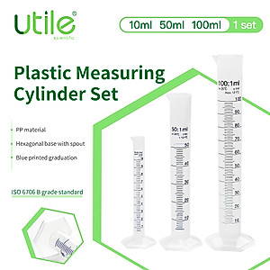 Utile Plastic Graduated Measuring Cylinder Set, 3 Sizes 10ml 50ml and 100ml, PP Material with Hexagonal Base and Blue Printed Graduation, 4099.0015.1.