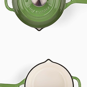 Larder & Vine 2.2 Quart Enameled Cast Iron Saucepan with Lid, Cast Iron Pan with Pour Spouts, Ergonomic Handle, Helper Handle, Stainless Steel Knob, Self-Basting Lid with Drip Bumps (Okra)