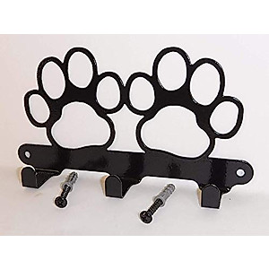 Double Dog Paw Leash Hook. Solid Steel. Handmade in USA. Gloss Black Finish. Screws Included.
