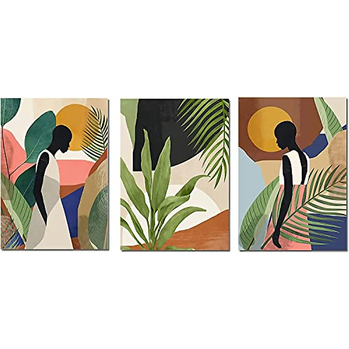 Abstract African American Wall Art Canvas Painting Black Woman and Green Plant Wall Art Pictures Set of 3 Nordic Wall Art Posters and Prints Pictures Wall for Living Room Decoration Unframed