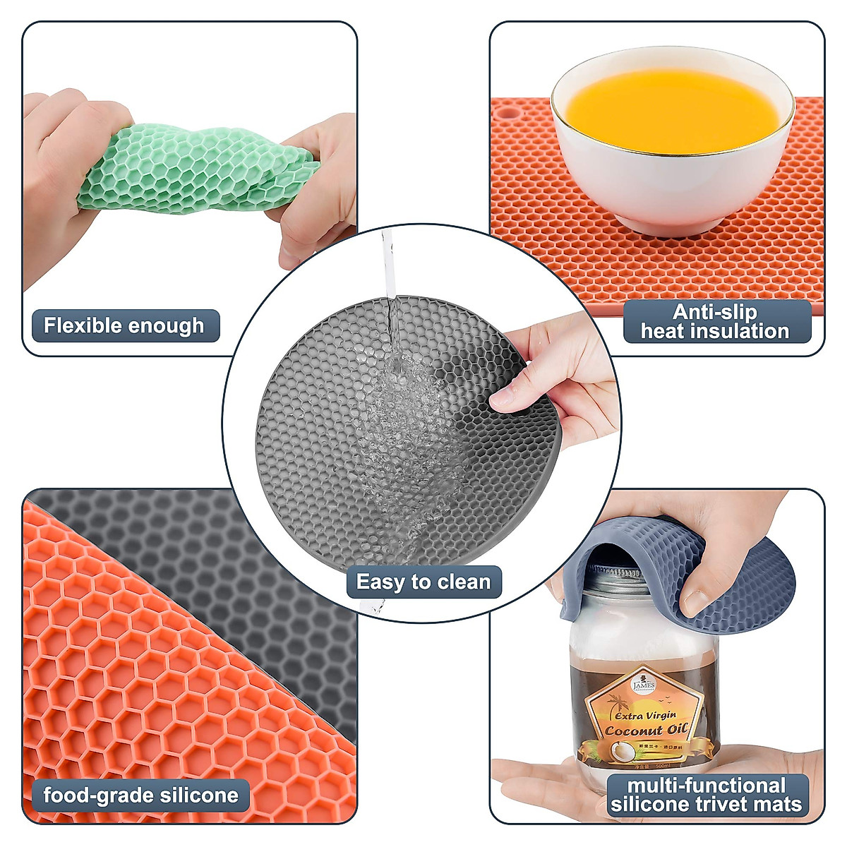 Hotsyang Silicone Trivets, Silicone Trivets for Hot Dishes, Silicone Trivets for Hot Pots and Pans, Hot Pads for Kitchen Counter, Silicone Hot Pads of 4pcs Mixing Color, Safety Silicone Trivets