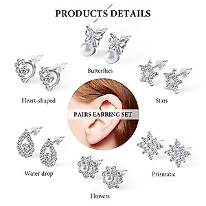 925 Sterling Silver, 6 Pairs 9-12 mm Hypoallergenic Cubic Zirconia Stud, Simulated Diamond Pearl Earrings Set, Elegant & Fashion Jewelry Gift for Wedding Women Girls Mom