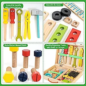 Bravmate Kids Tool Set, Pretend Play Toddler Wooden Tool Toys with Tool Box, Educational DIY STEM Toys for Boys and Girls Age 3, 4, 5 and Up (37 Pieces)