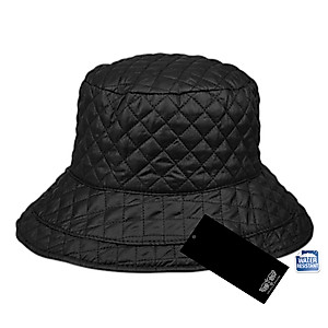Foldable Water Repellent Quilted Rain Hat w/Adjustable Drawstring, Bucket Cap (BLACK)
