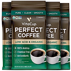 VitaCup Perfect Low Acid Coffee Ground, USDA Organic & Fair Trade, Mycotoxin Free, Dark Roast Guatemala Single Origin, Clean & Pure for Drip Coffee Brewers and French Press, 4 bags, 11oz each