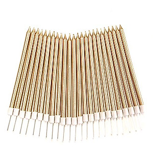 24 Count Birthday Party Long Thin Cake Candles Metallic Birthday Candles in Holders for Birthday Cakes Decorations , Champagne Gold by Lucky Party