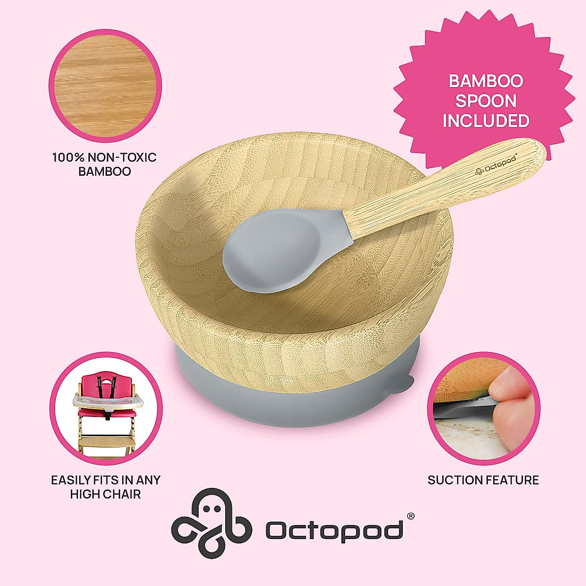 Abiie Octopod Bamboo Dish - Fun Kids Bowls for 4 months and up, Bamboo Suction Bowl, High-Chair Bamboo Baby Bowls, Mess-Free Toddler Suction Bowls, Ergonomic Baby Feeding Supplies, 5.7 x 3 x 5.7 in