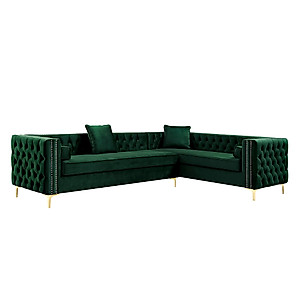 Inspired Home Green Corner Sectional Sofa - Design: Giovanni | 120" Right Facing | Velvet | Storage | Metal Legs | Tufted Design