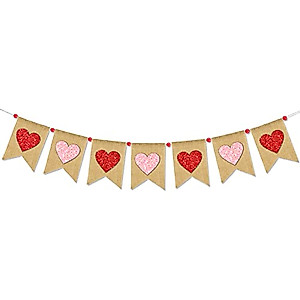 Whaline Valentine's Day Banner Glitter Heart Garland Burlap Banner with Wooden Beads Pre-Assembled Red Pink Heart Banner Fireplace Wall Hanging for Holiday Party Home Decoration