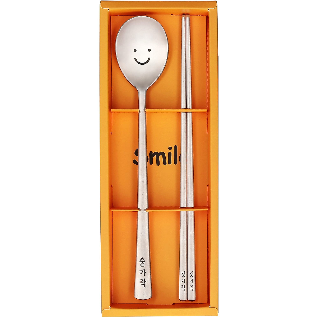 BAPMOO Korean Chopsticks and Spoon Set Combinations Long Handle Reusable Metal Stainless Steel Good for Gift Smile Face & Hangul Characters Engraved Silver