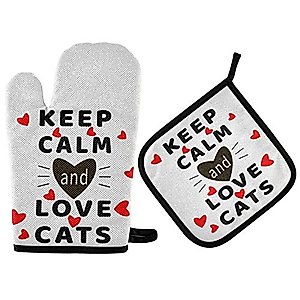 Keep Calm Love Cats Oven Mitts Pot Holder Set Kitchen Decor Cooking Stove Gloves Heat Resistant Hot Pads Recycled for BBQ Baking Grilling