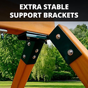 Gorilla Playsets 01-0004-AP Frontier Wood Swing Set with Wood Roof, Tire Swing, Two Belt Swings, Picnic Table, Sandbox, Rock Climbing Wall, Amber