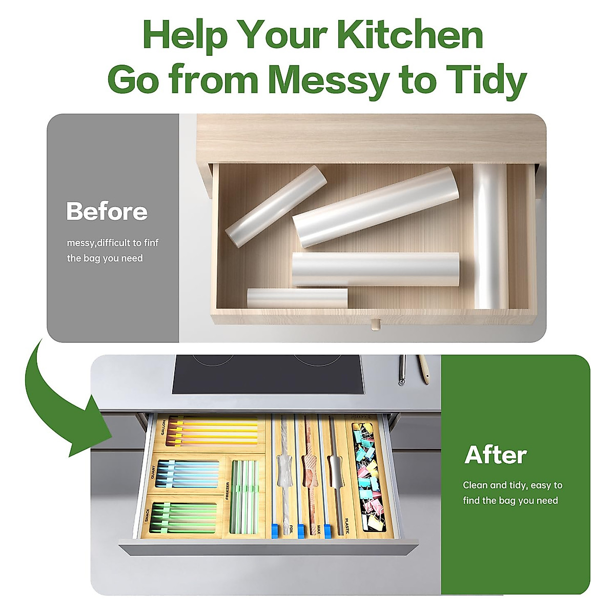 8 in 1 Plastic Wrap Dispenser with Cutter and Bag Organizer, Bamboo Plastic Bag Organizer for Drawer, Kitchen Organizers and Storage, Kitchen Drawer Organizer for Gallon,Quart,Sandwich,Snack Bag