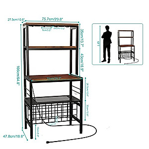 HSSZXFR Industrial Wine Bakers Rack with Power Outlet and LED Strip, Multifunctional Wine Rack Table, Wine Bar Cabinet with Wine Storage Glasses Holder Bottle Shelf, Bar Stand for Liquor and Glasses