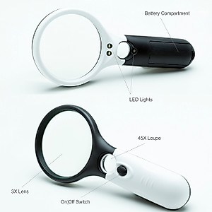 Lighted Magnifying Glass with 3X Magnifier for Reading and 45x Loupe Use as Magnifying Lens, Jewelers Loupe, or Coin Magnifying Glass with Light, or Handheld Small Magnifying Glass for Reading Labels