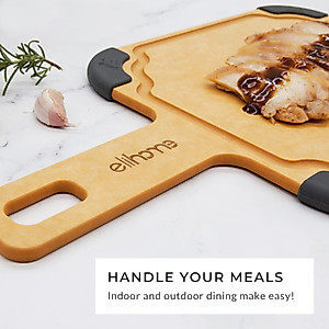 Elihome Paddle Series Kitchen Cutitng Board& Serving Board with handle,Juice Groove,Non-slip Feet,Dishwasher Safe,Reversible,Wood Fiber Composite,Eco-Friendly,Non-Porous,Small- 13.5" x 7.5" Natural