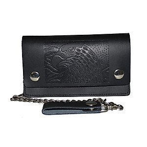 Leatherboss Genuine Leather Men Trifold Eagle Biker Chain Wallet Credit Card Holder for Motorcycle Bikers Truckers