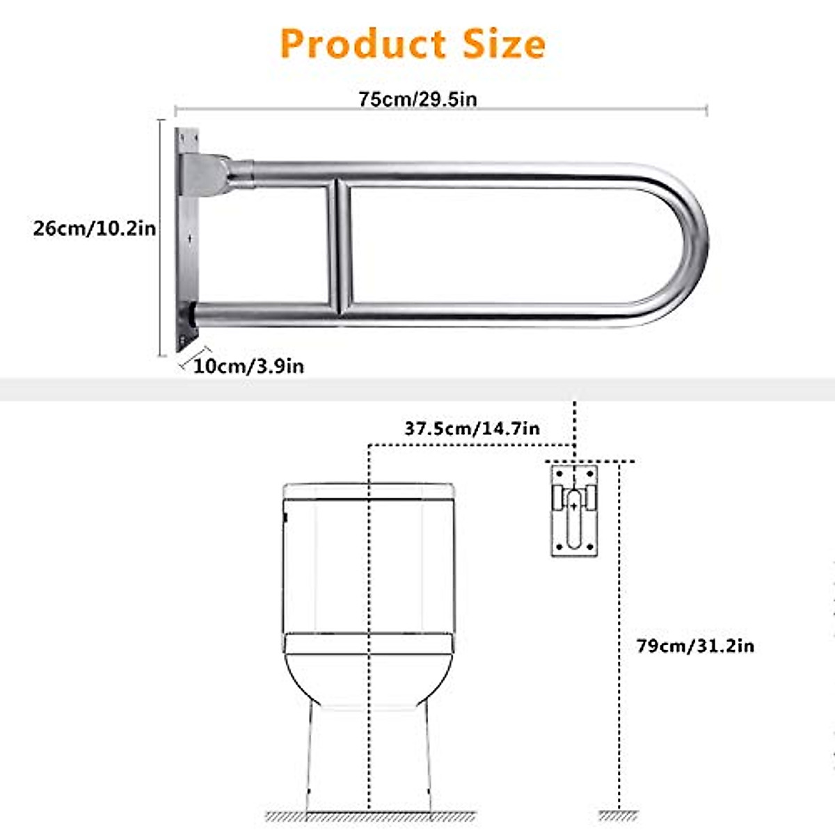 29.5 INCH Toilet Grab Bar Stainless Steel Handicap Rails Grab Bars Bathroom Support for Elderly Bariatric Disabled Commode Safety Hand Railing Guard Frame Shower Assist Aid Handrails Hand Grips