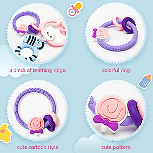 3pcs Baby Teething Rings, Silicone Teether with Rattle Sensory Teething Relief Soothing Teether Toys Soothes Baby Gum Pain, Lollipop Marshmallow Zebra Biting Ring Oral Chew Tools for Infants