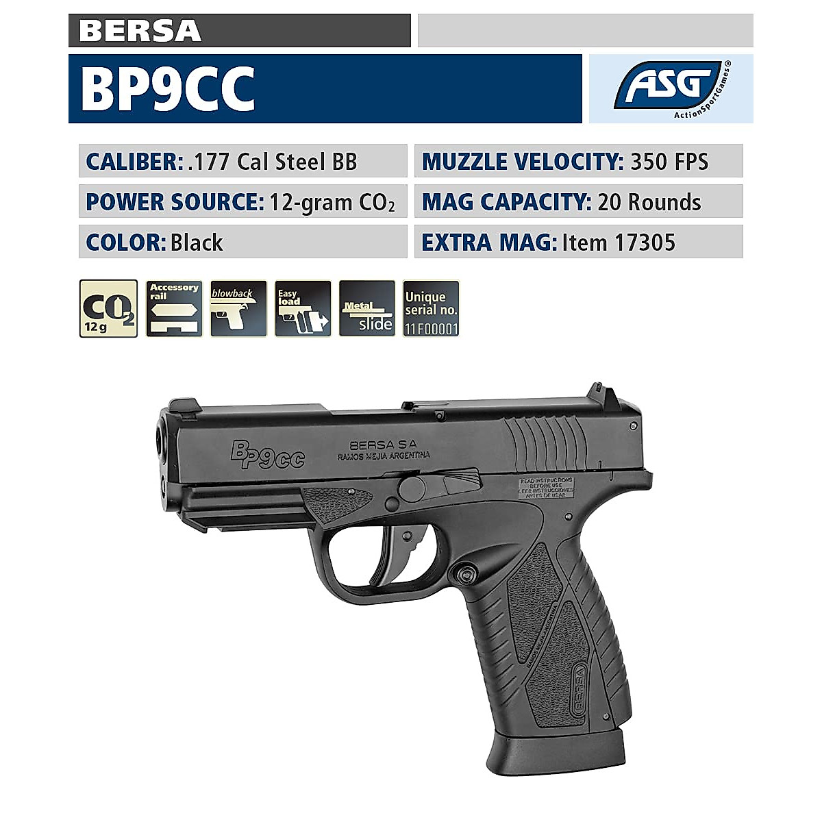 ASG BERSA BP9CC .177 Caliber Steel BB Gun Air Pistol, Blowback
