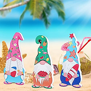 3 Pcs Wooden Beach Gnomes Sign Summer Gnomes Table Decor Wood Beach Table Centerpieces Hawaii Wooden Gnomes Sign for Summer Party Tiered Tray Shelf Home Kitchen Decoration