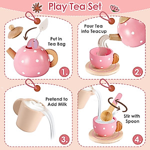 BUYGER Pretend Play Princess Tea Party Set for 3 4 5 6 + Year Old Wooden Kitchen Play Food Accessories Sets Christmas Birthday Gifts for Toddler Little Girls Boys Age 3-5