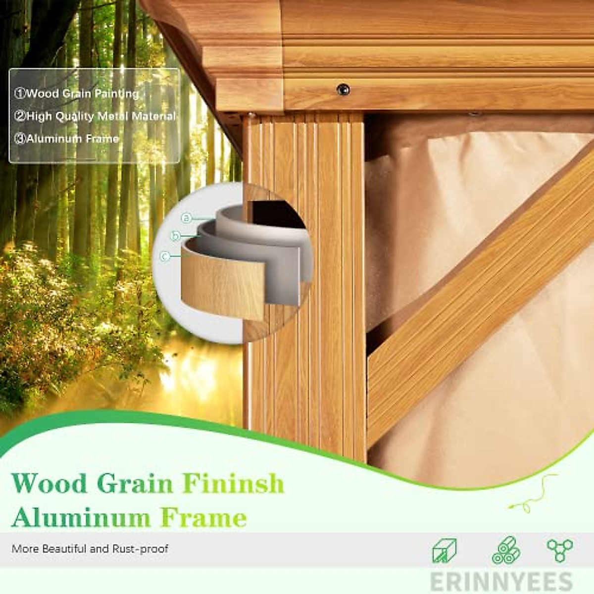 Erinnyees 12' x 20' Aluminum Wood Grain Hardtop Gazebo, Outdoor Aluminum Double Roof with Privacy Curtain and Mosquito Net for Patio, Lawn, Garden, Deck(Wood Looking)