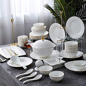 Plate and Bowl SetKitchen Tableware Set,Ceramics Dinner Sets, 60 Pieces Handmade Gold Bone China Dinnerware Set | Cereals Bowl & Dish & Soup Pot for Family Gathering - Porcelain Combination Set