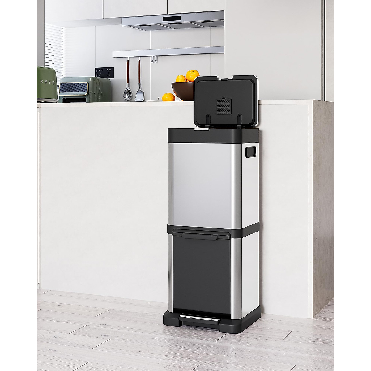 Vertical Trash Can - 2 Tiers 9 Gal Stainless Steel Tall Trash Can with Recycle Combo for Office Indoor