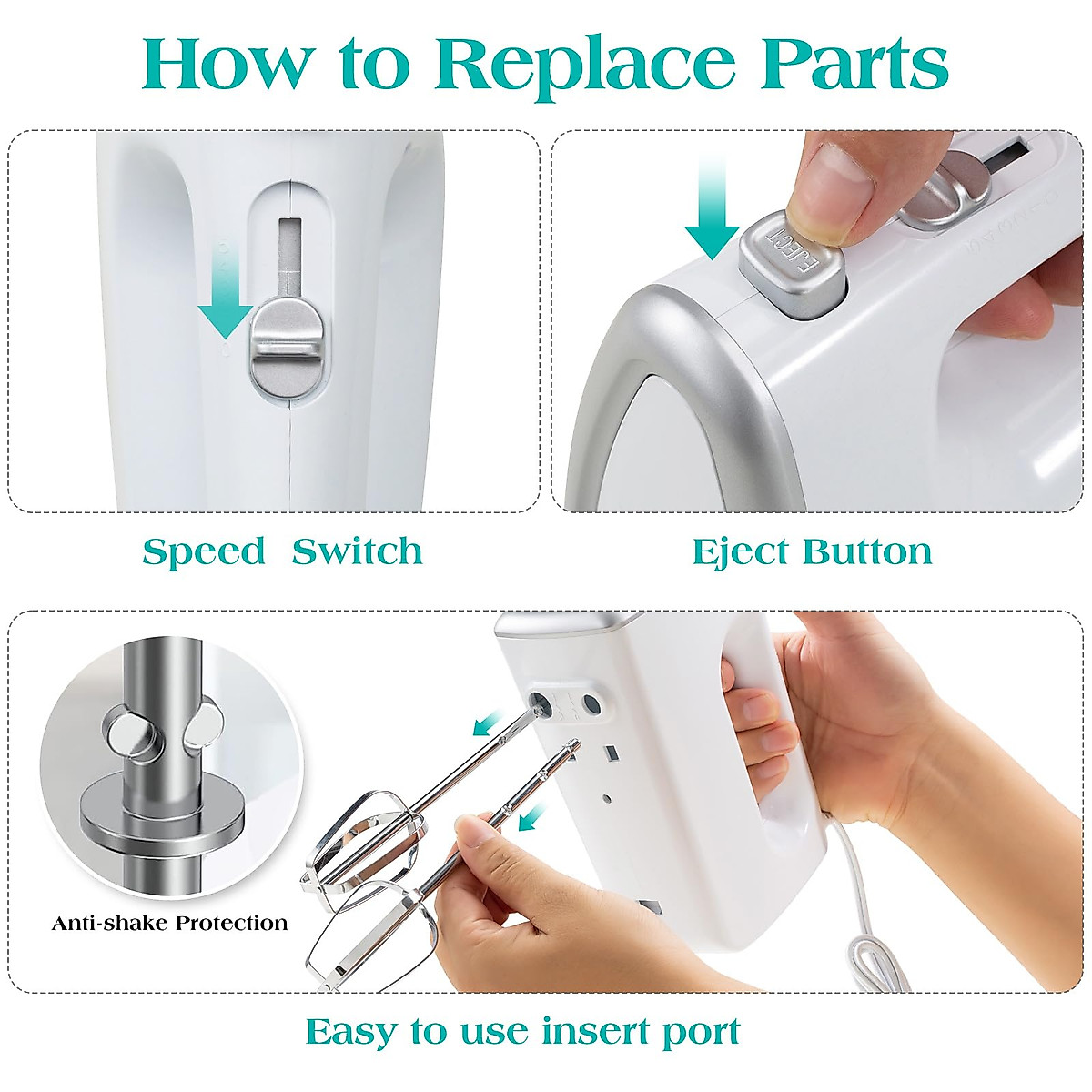 Hand Mixer Electric, 5-Speed Hand Mixer Electric Portable, with Snap-on Storage Case, 5 Stainless Steel Attachments,Dough Hooks Whisk Storage Case,Blender for Baking & Cooking,White