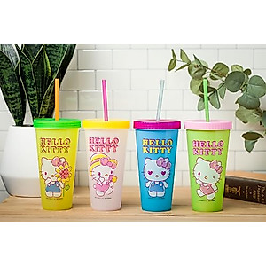 Silver Buffalo Sanrio Hello Kitty Summertime Gardening 4-Pack Color Changing Plastic Tumblers Includes Lid and Straw, 24 Ounces