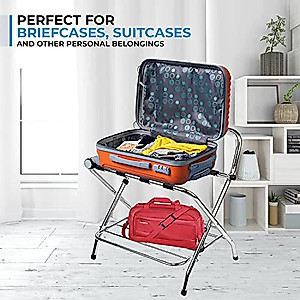 USTECH 2 Tier X-Shape Folding Luggage Rack with High Back | Durable Metal Stand & Heavy-Duty Nylon Straps for Guest Room Storage & Suitcase Holder | Perfect for Bedroom & Closet