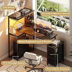 L Shaped Gaming Desk with 2 Fabric Drawers - Reversible Computer Desk with Power Outlet & LED Lights, 48" Corner Desk with Monitor Stand & Storage Shelves, Office Study Table with Pegboard, Pink