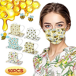 Hozxclle 50 PC Adult Summer Disposable Face_Masks Bee Floral Printed Print Face Bandanas Facecover Breathable 3 Ply Filter,Green
