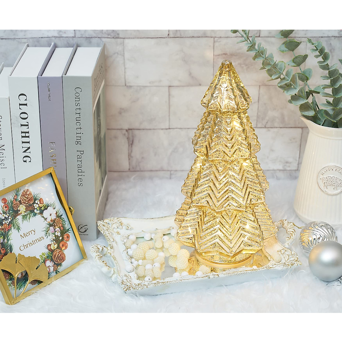 Lamris Tabletop Christmas Tree Timer Lighted 12 Inches Silver Mercury Glass Xmas Trees Decorations Table Centerpiece Mantel Window Home Decor