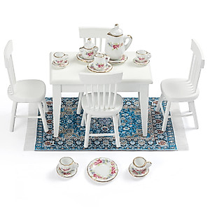 SAMCAMI Miniature Dollhouse Furniture 1 12 Scale - Doll House Furniture Toys for Dollhouse Kitchen - Wooden Dollhouse Furniture Set Incl Dining Table with Chairs, Tea Set, Carpet (White)