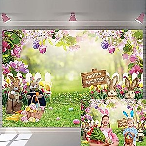 Spring Easter Photography Backdrop 7x5FT Easter Rabbit Garden Colorful Eggs Photo Backdrops Fence Green Grass Bunny Decoration Kids Newborn Baby Birthday Party Backgrounds